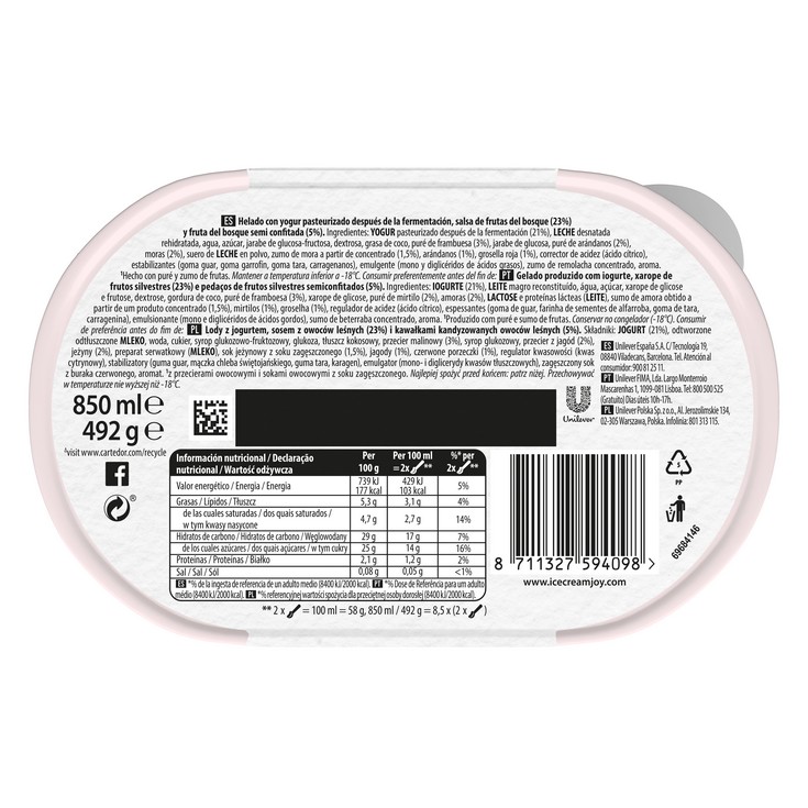 Helado cremoso de yogurt y frutos del bosque - 492g - E.leclerc Soria